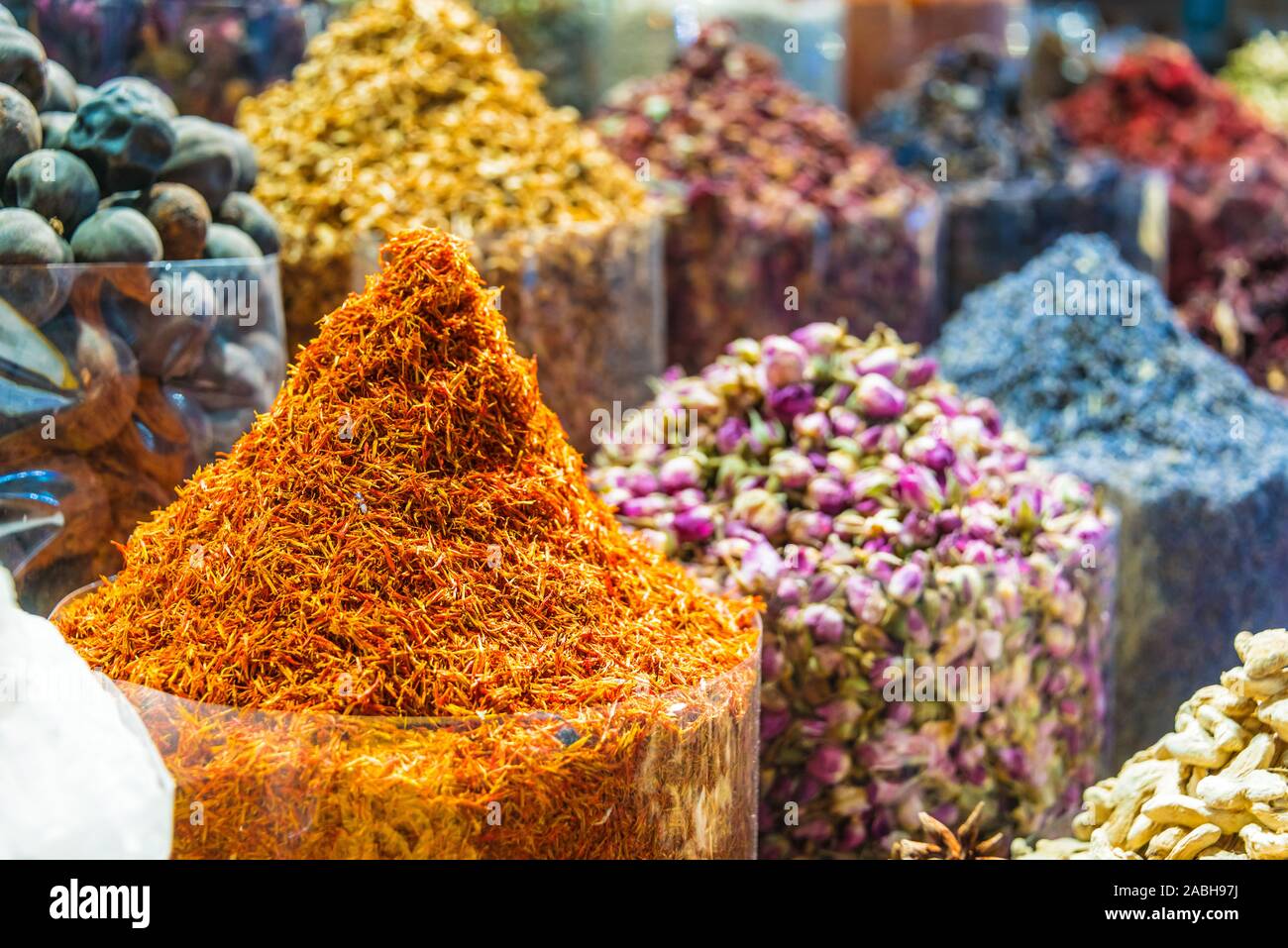 Variety of spices and herbs on the arab street market stall. Dubai ...