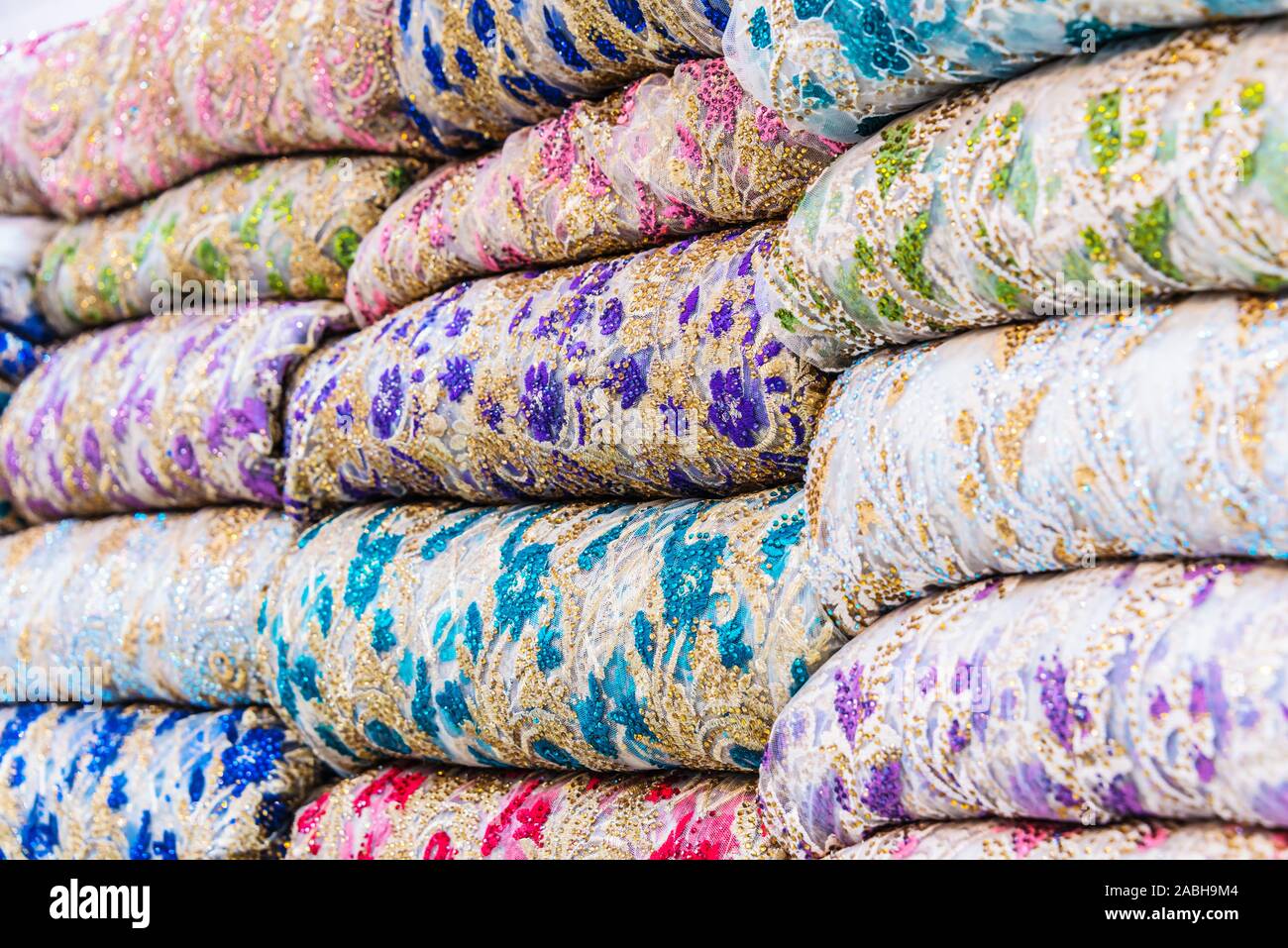 Traditional oriental cloth sold in a store in old town Dubai, United ...