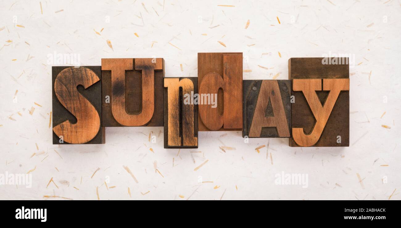 Sunday, word written with vintage letterpress printing blocks on ...