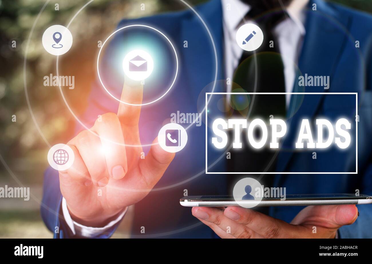Conceptual hand writing showing Stop Ads. Concept meaning program that ...
