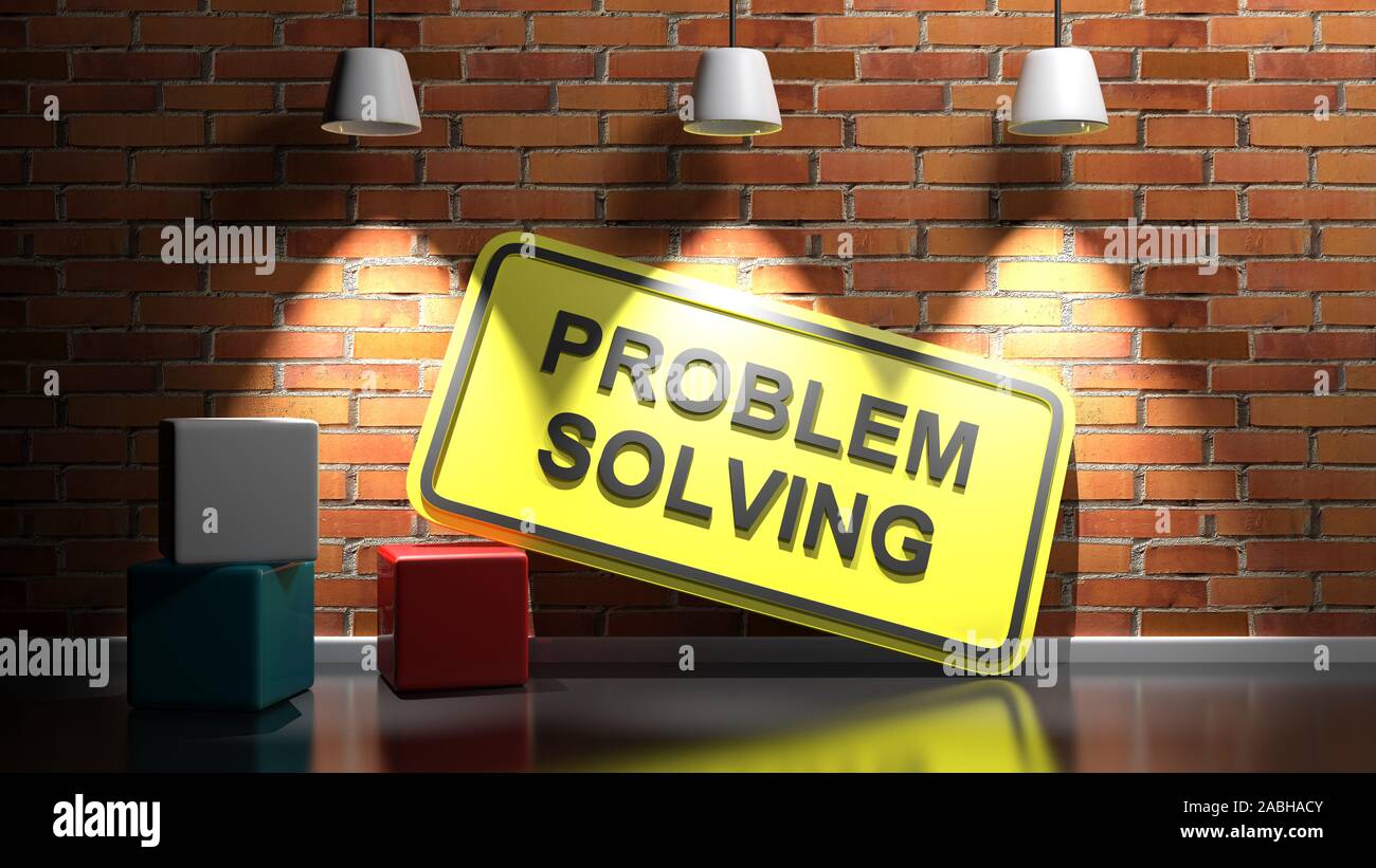 PROBLEM SOLVING yellow sign at red bricks wall - 3D rendering ...