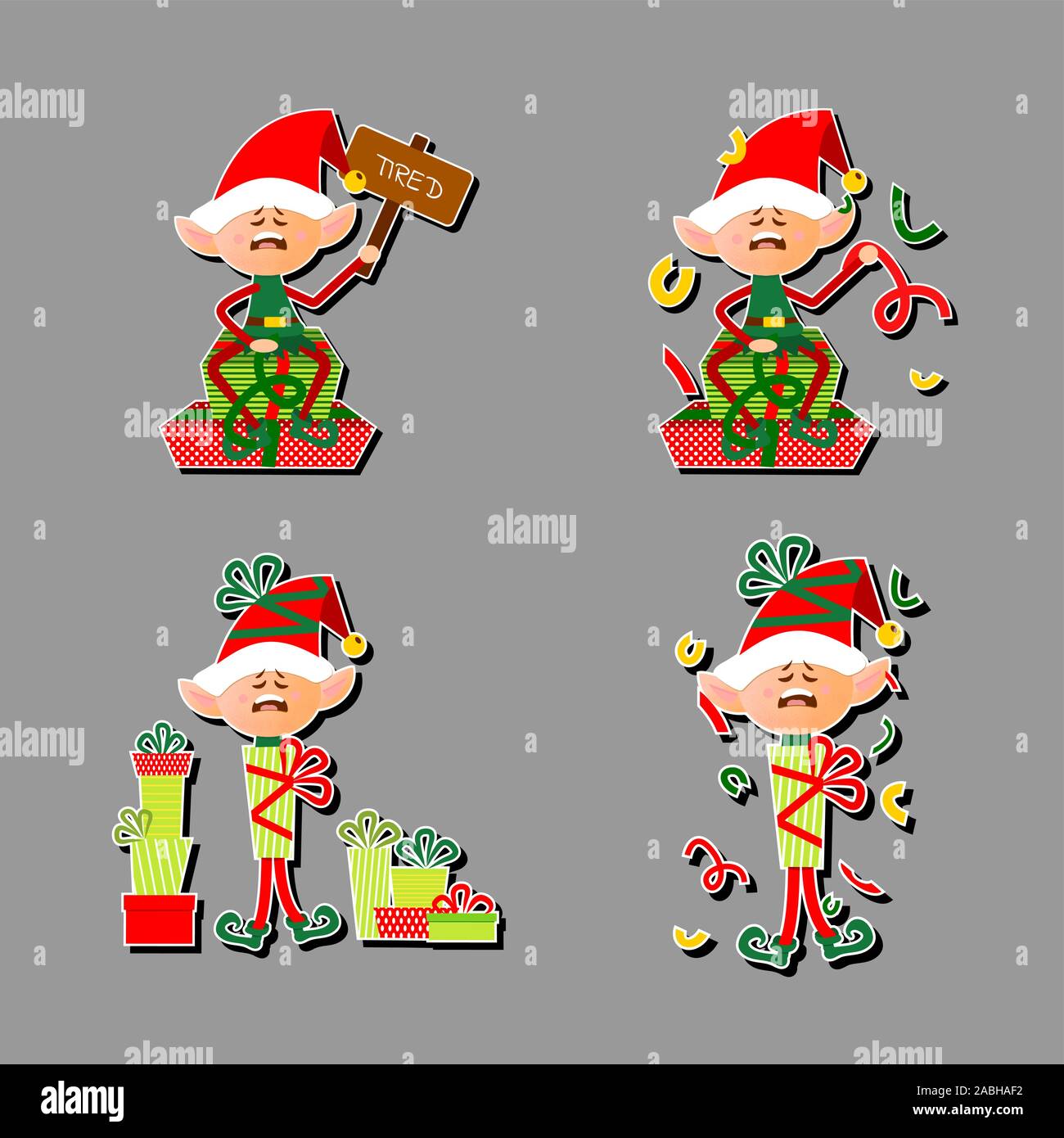 Set of Christmas stickers Elf tired. Funny cartoon character. A ...