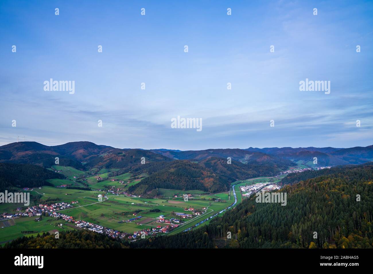 Germany, Aerial view above beautiful black forest village in kinzig ...