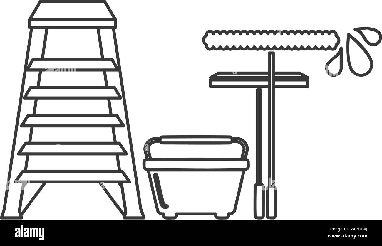 Window cleaning or washing tools icon including ladder, bucket ...