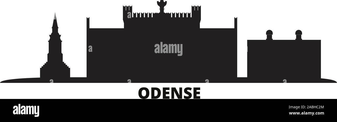 Denmark, Odense city skyline isolated vector illustration. Denmark, Odense travel cityscape with ...