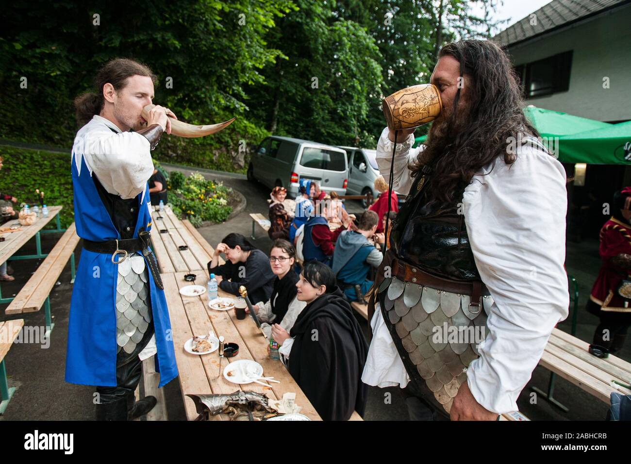 Bled, Slovenia, June 7, 2007: Knights in a drinking duel backstage ...