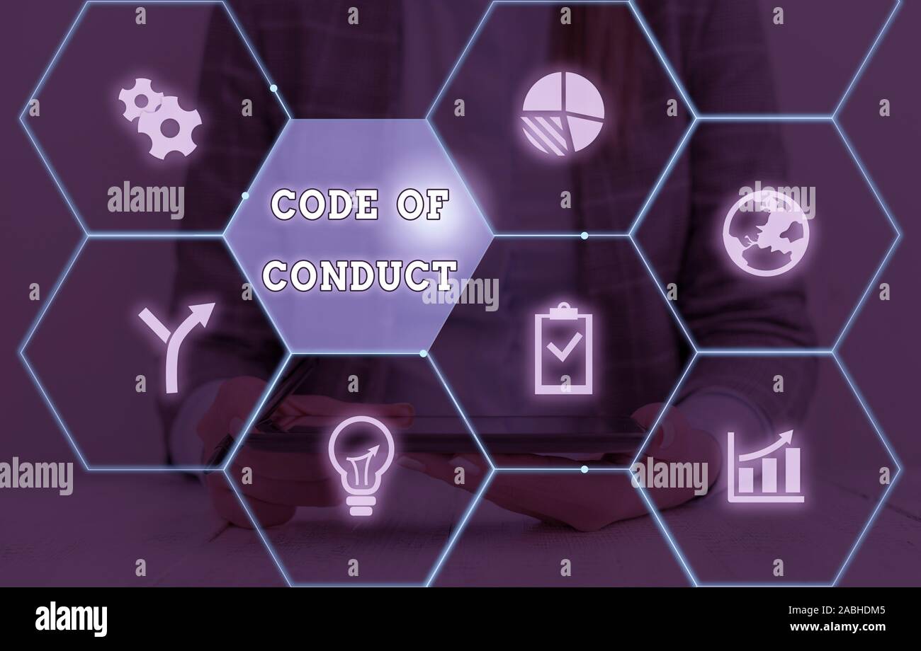 Writing note showing Code Of Conduct. Business concept for Ethics rules moral codes ethical ...