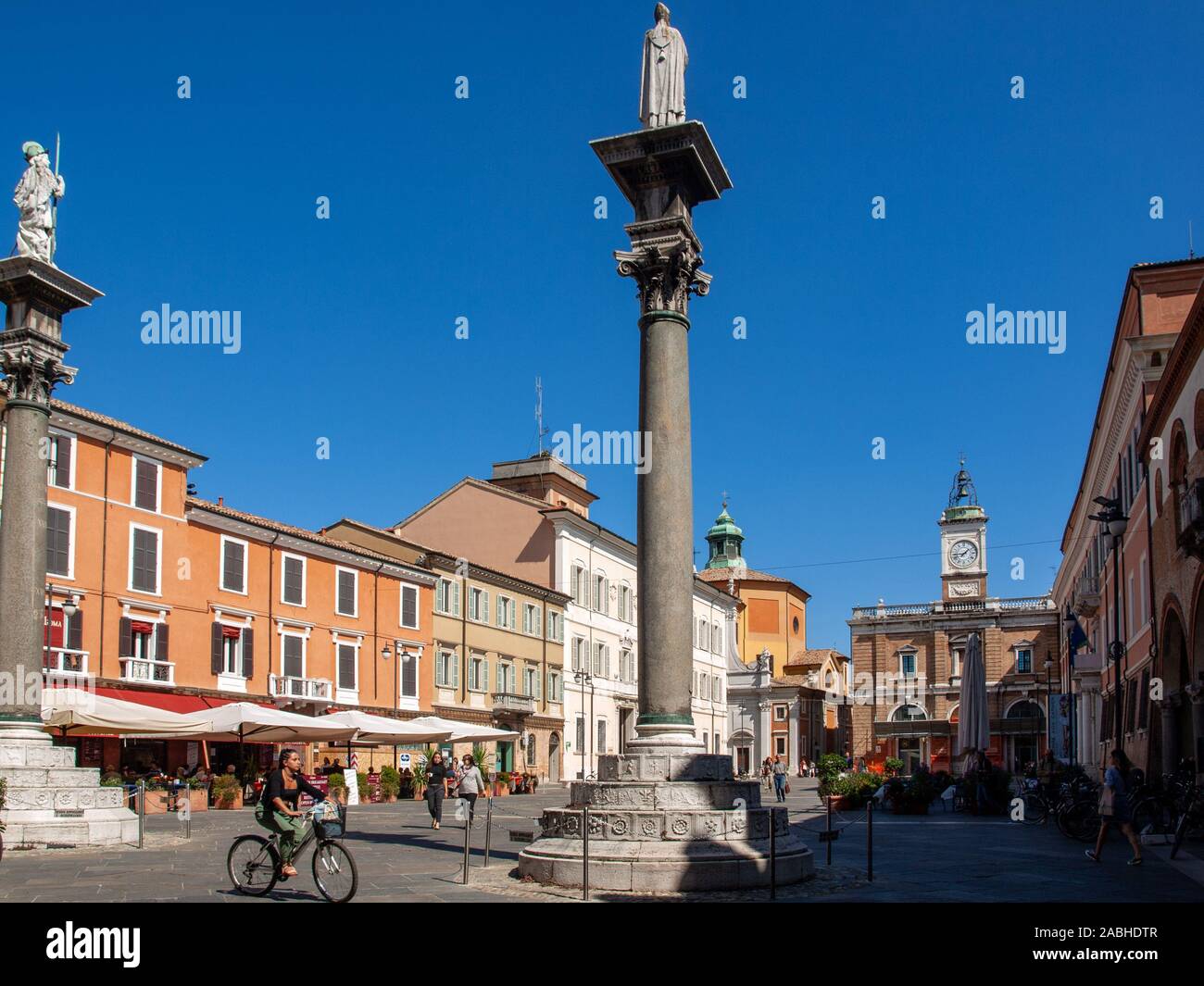 Ravenna, Italy - Sept 11, 2019: Town Square Piazza del Popolo with twin ...
