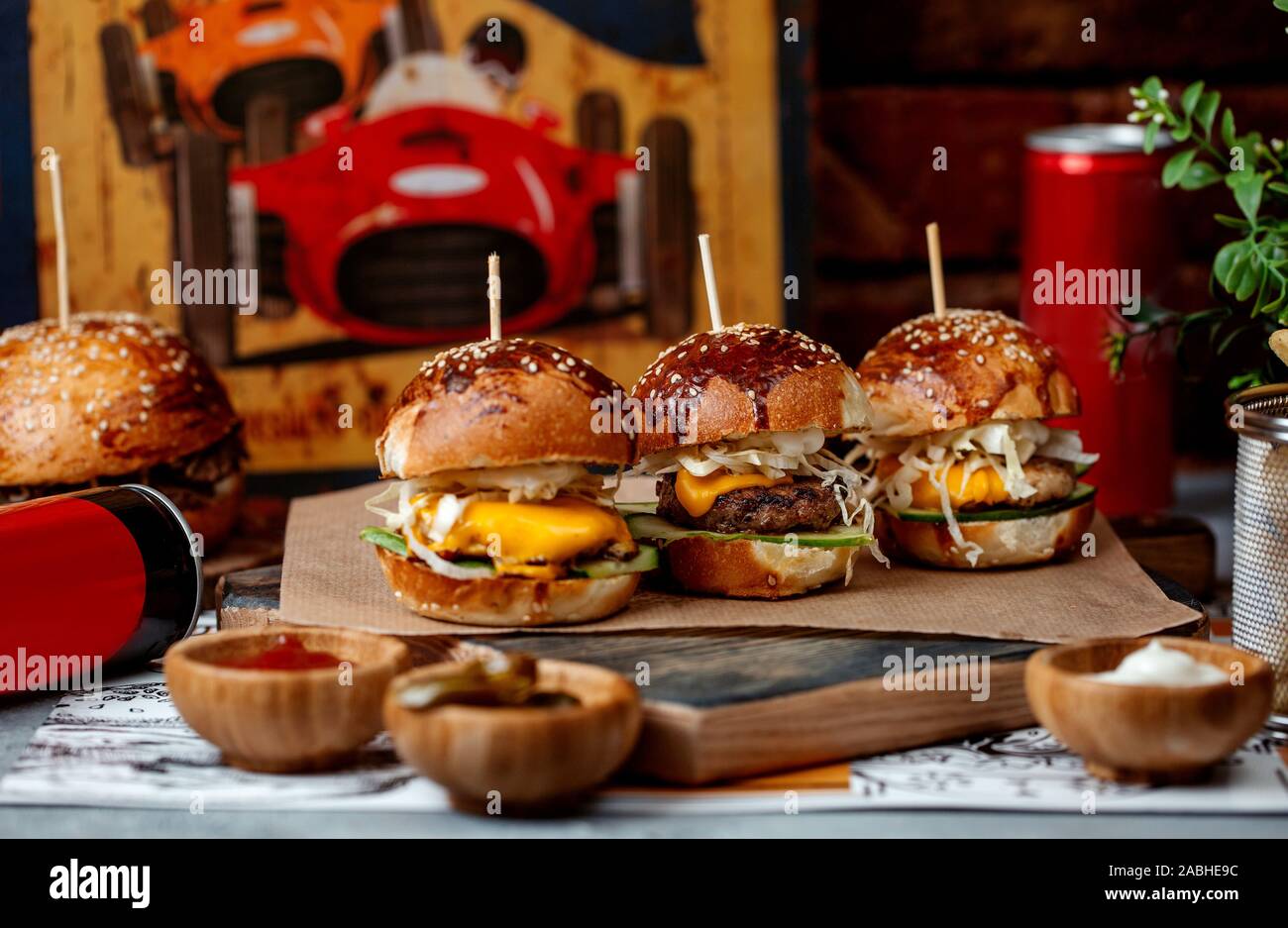 Three mini beef burgers hi-res stock photography and images - Alamy