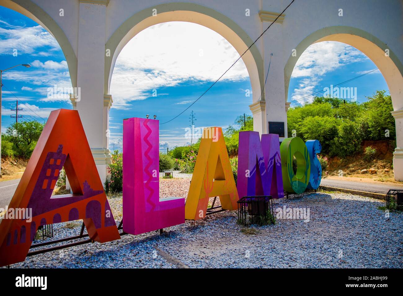 Colored letters at the entrance of the tourist town Alamos, Sonora ...