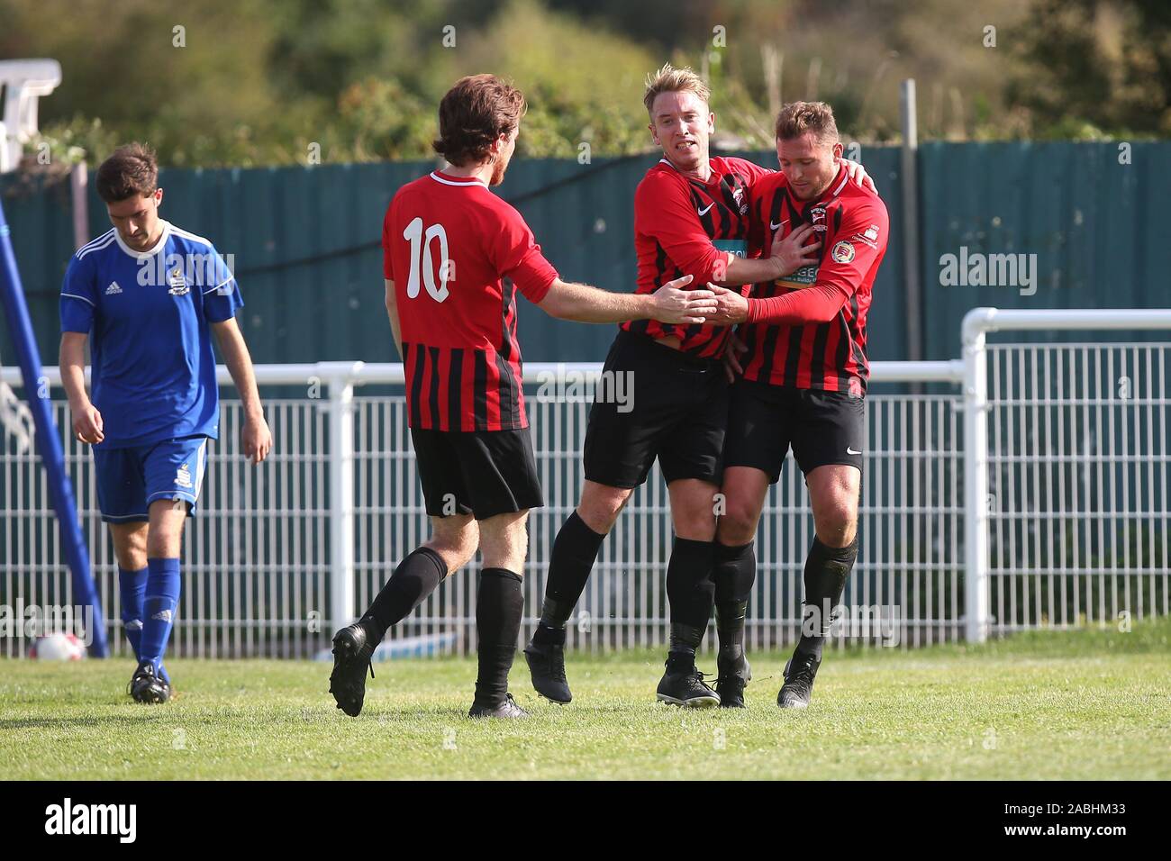 Saffron Walden celebrate their third goal scored by Gavin Cockman (R ...