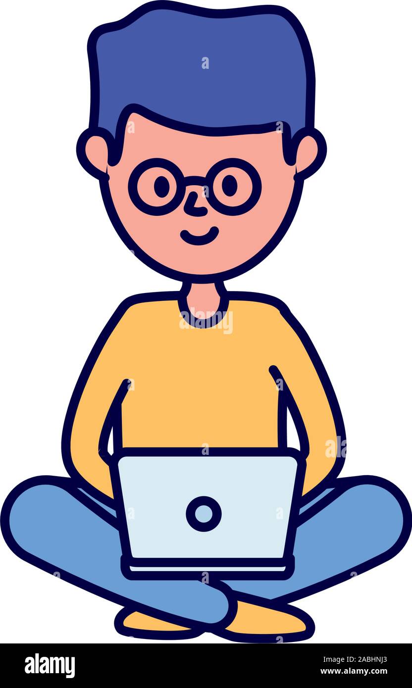 young man student with laptop learning online vector illustration Stock ...