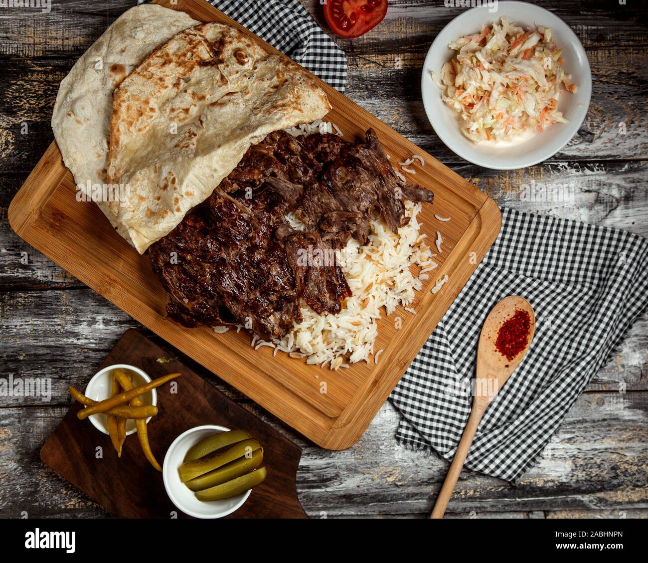 Traditional turkish iskender kebab with rice hi-res stock photography ...