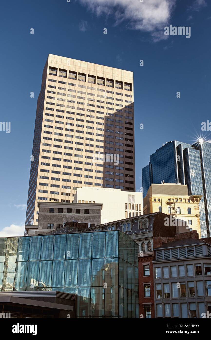 Exterior of skyscraper and high-rise buildings in City Hall Plaza on a ...