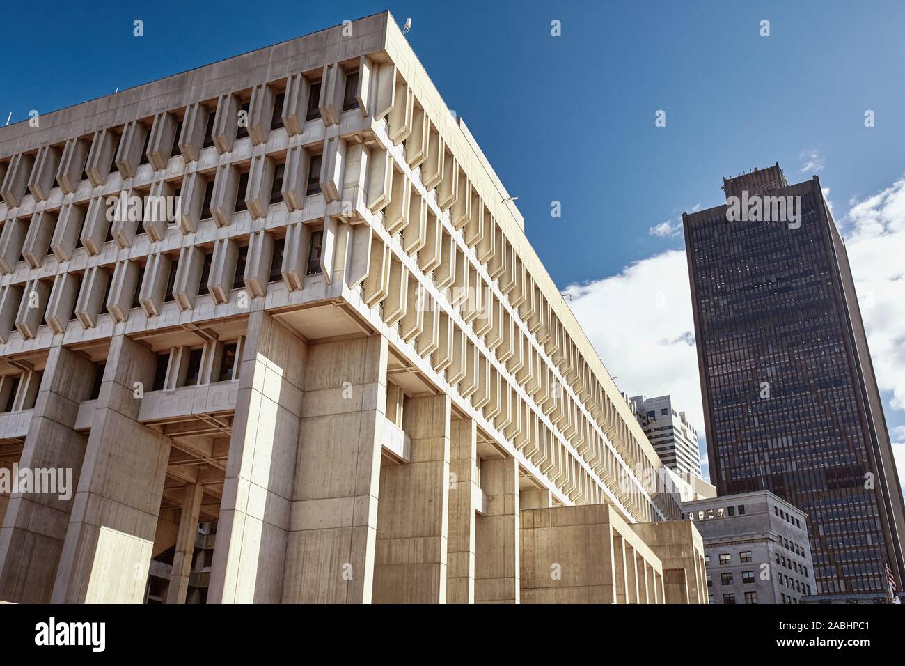 Exterior of Boston City Hall, an example of Brutalist Architecture, in ...