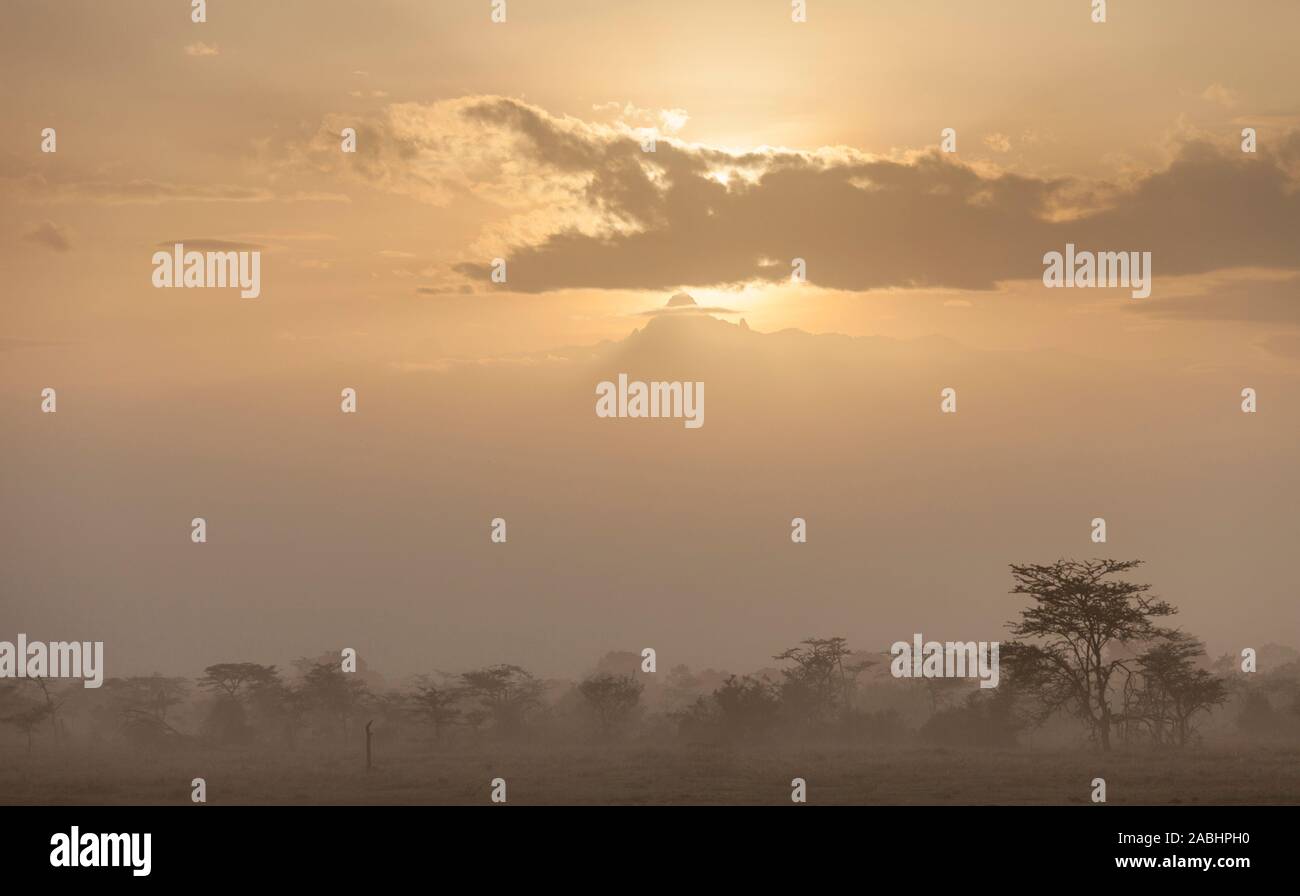 view of Mount Kenya, at sunrise from a distance with clouds above ...