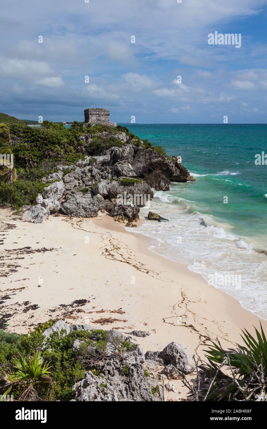 Temple of the Wind on the headland of the Mayan Tulum ruins site on the ...