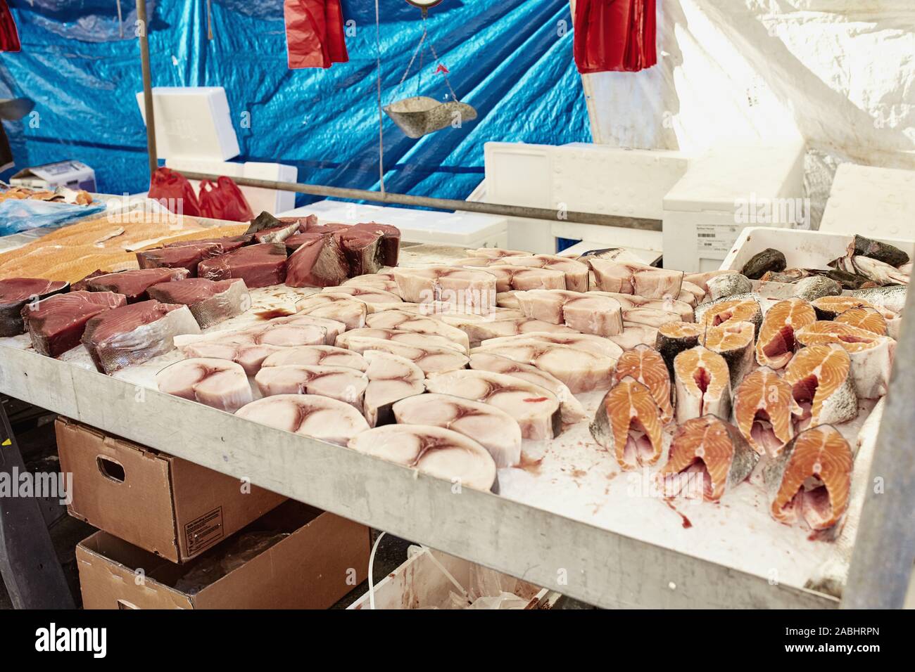 Selection of fresh fish and seafood for sale at Boston's open air ...