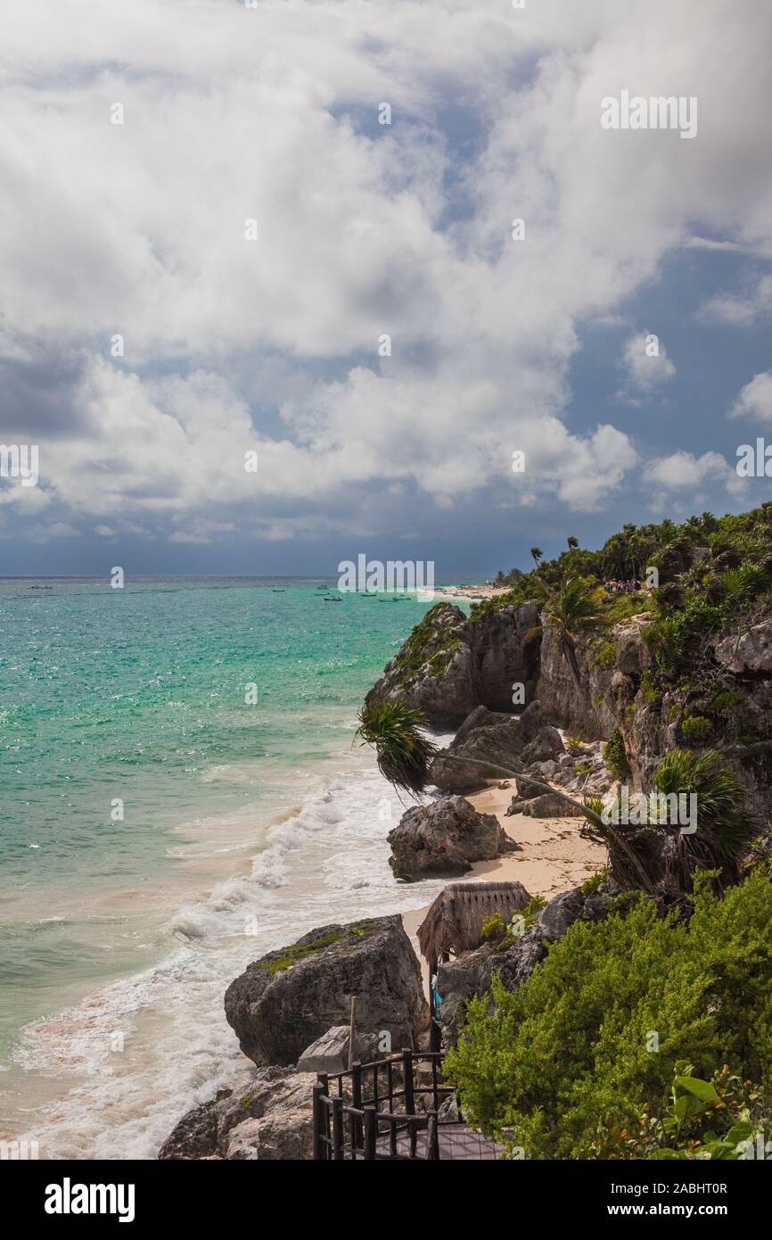 View from the clifftop of the Tulum Mayan ruins site looking to the ...