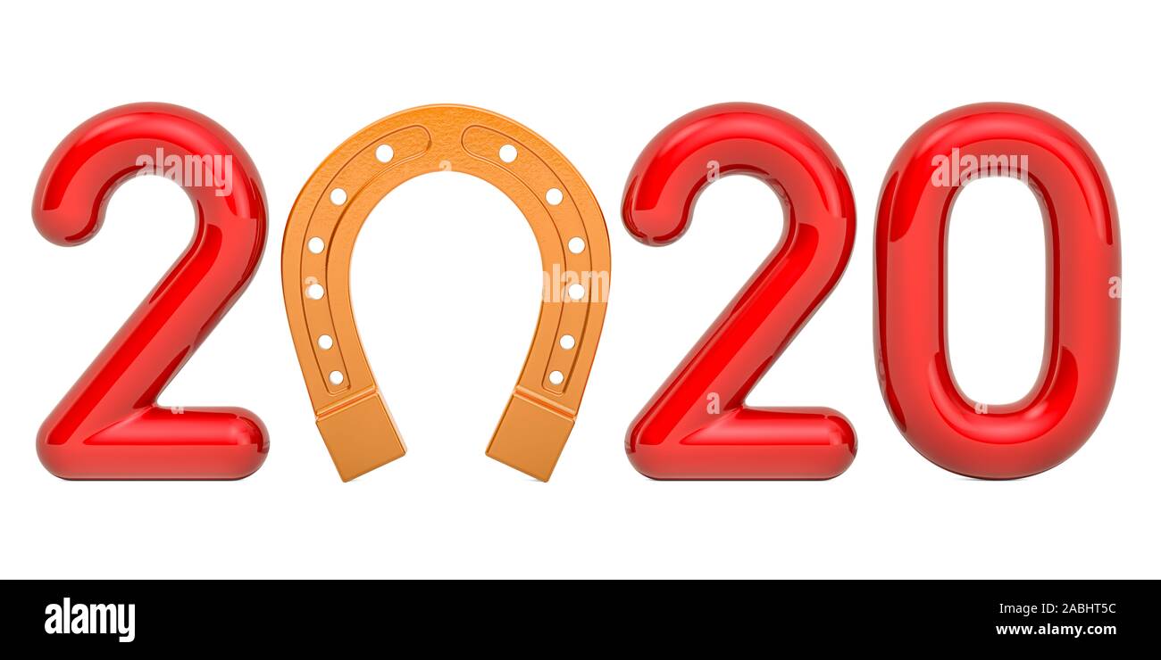 2020 with golden horseshoe, 3D rendering isolated on white background ...