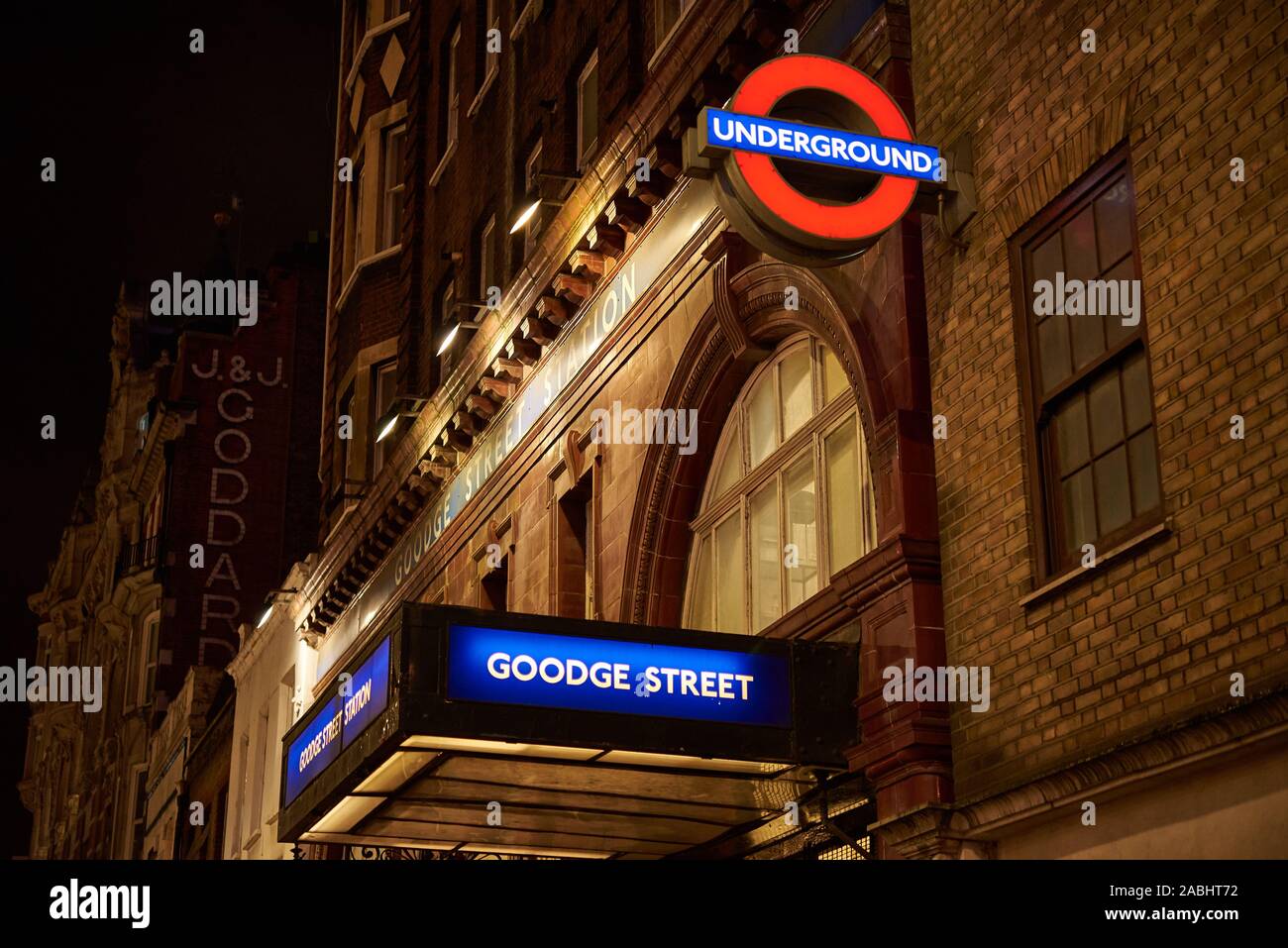 A night-time view of Goodge Street underground station entrance in ...