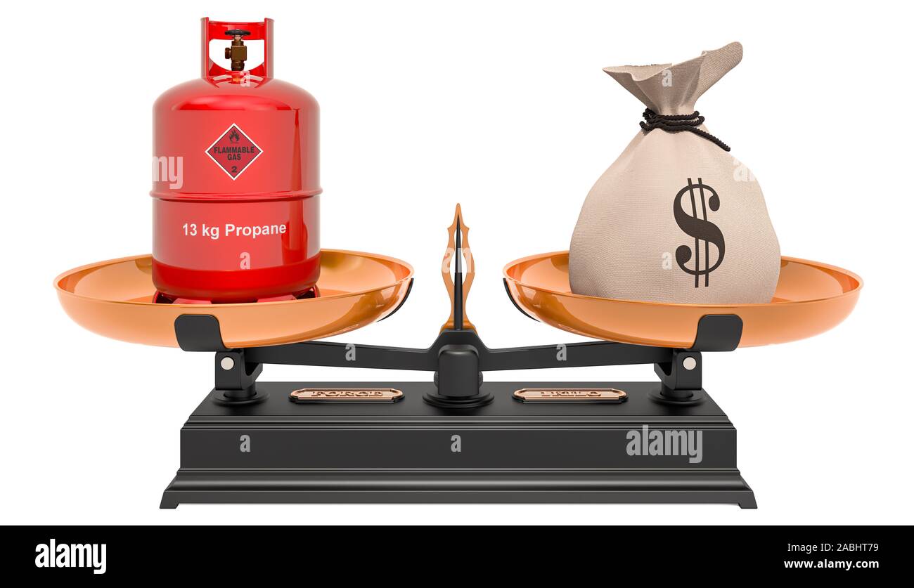 Cost of Gas. Propane Gas Cylinder and dollar bag on scales. 3D ...