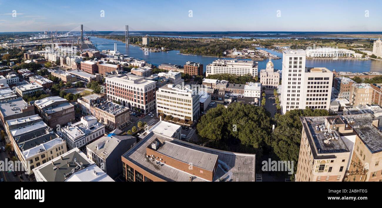 Aerial panorama of the downtown area of Savannah Georgia including the ...