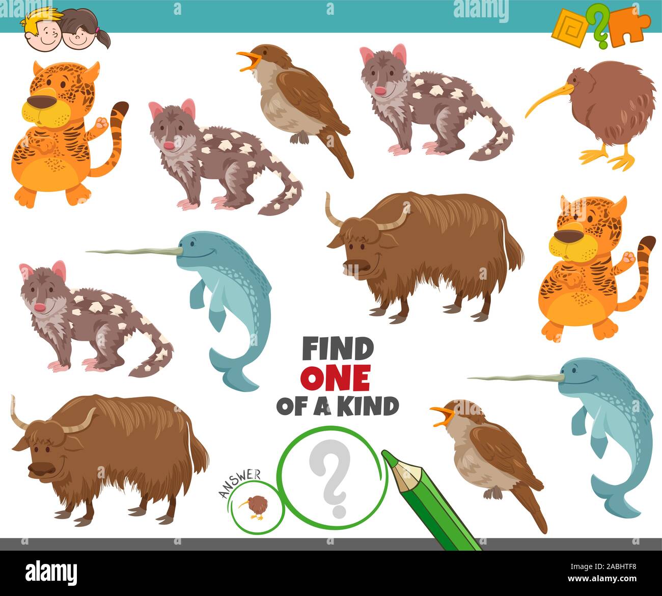 Cartoon Illustration of Find One of a Kind Picture Educational Task ...