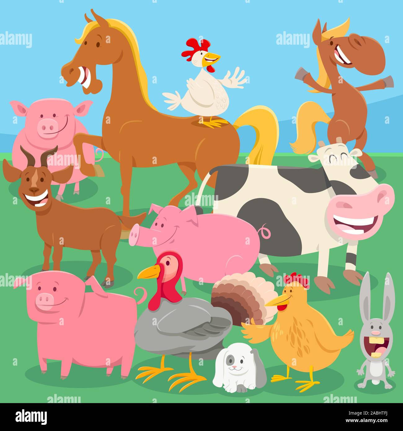 Cartoon Illustration of Farm Animal Characters Group in the Countryside ...