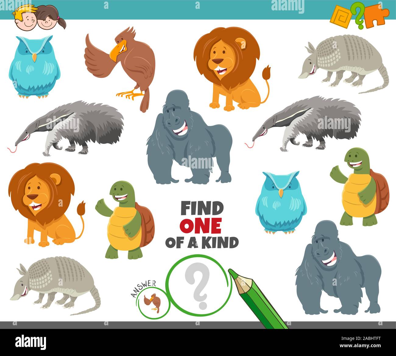 Cartoon Illustration of Find One of a Kind Picture Educational Game ...