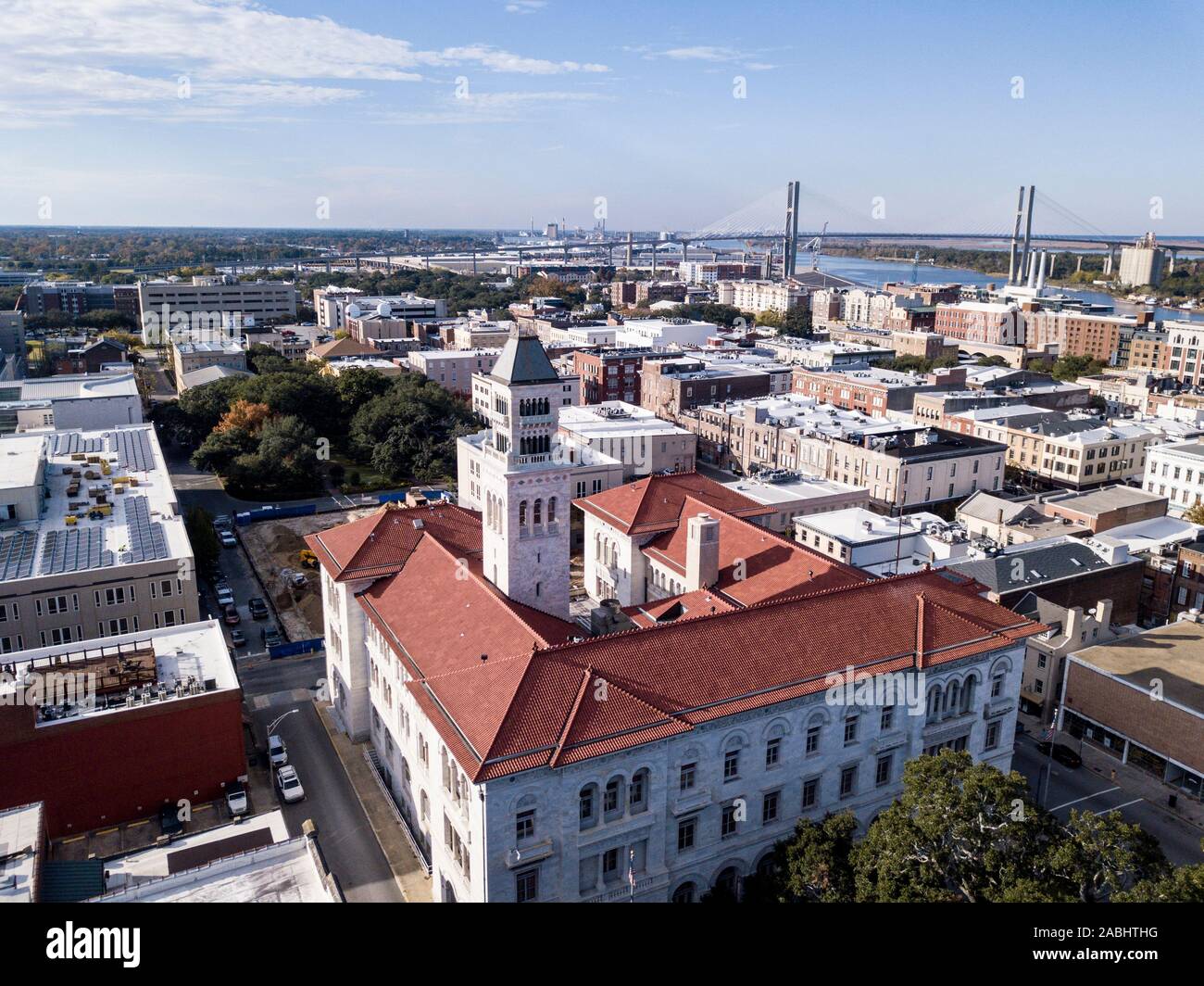 Aerial view of the downtown area of Savannah, Georgia with bridge in ...