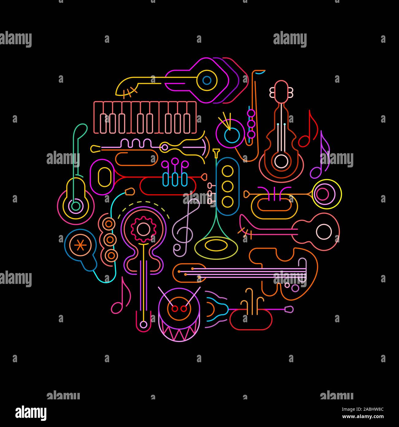 Neon colors silhouettes isolated on a black background Musical ...