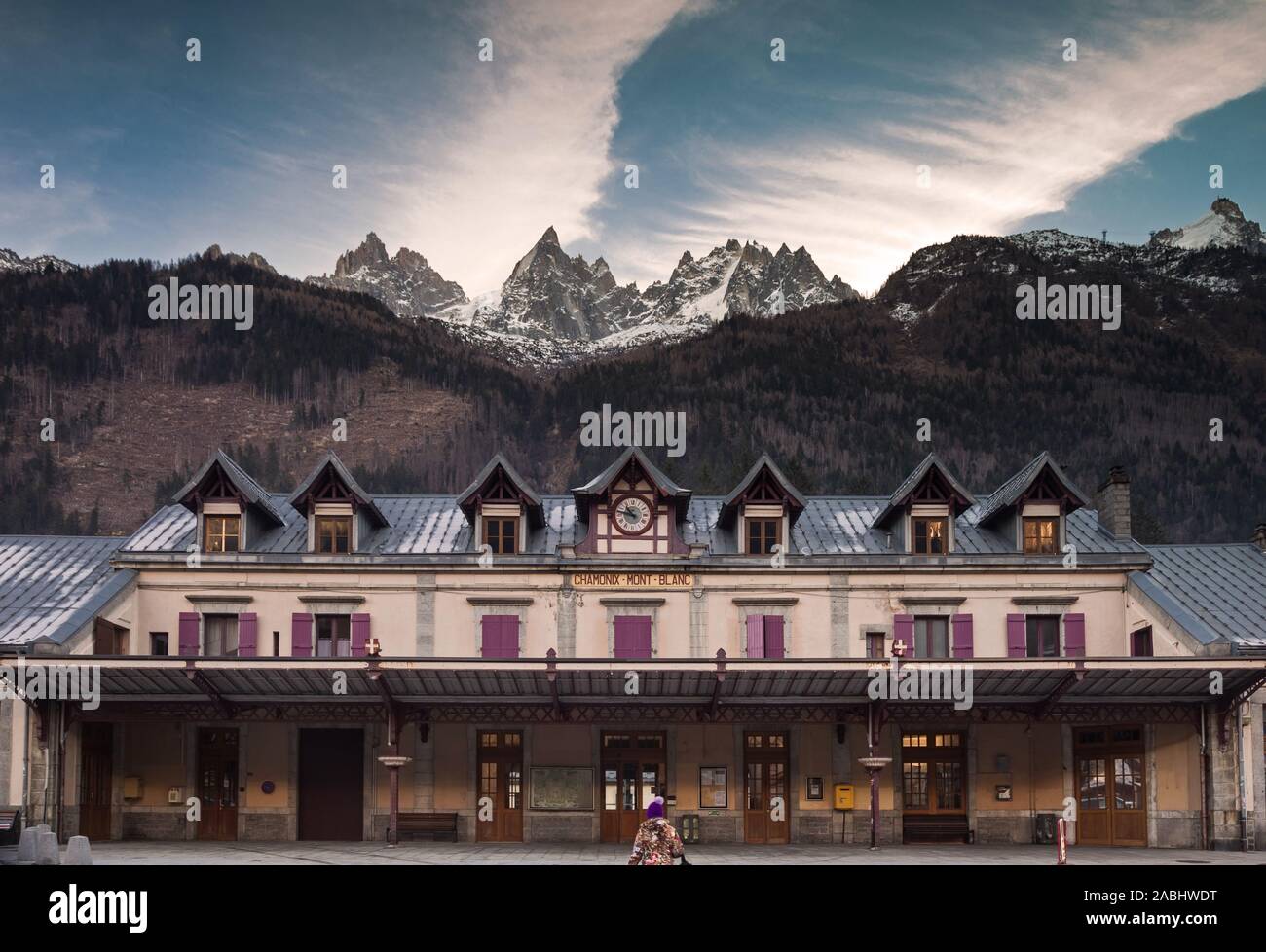 Woman walking to Chamonix train station France Stock Photo - Alamy