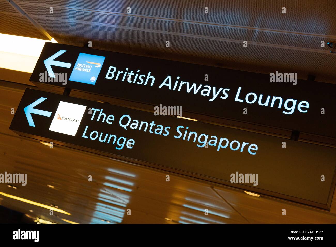 Business Class travel; Business Class lounge signs for British Airways ...