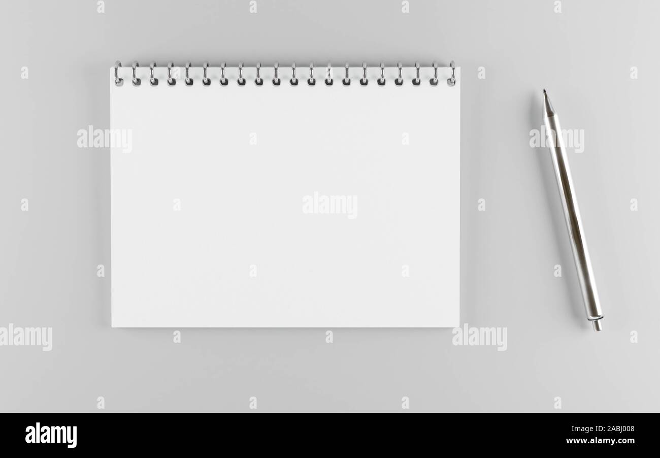 empty horizontal white paper spiral notebook with a metal pen 3d render ...