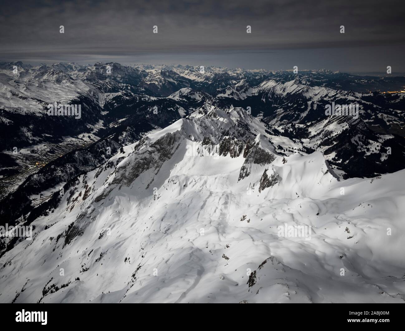 Winter landscape under full moonlight on the Santis, Alpstein ...