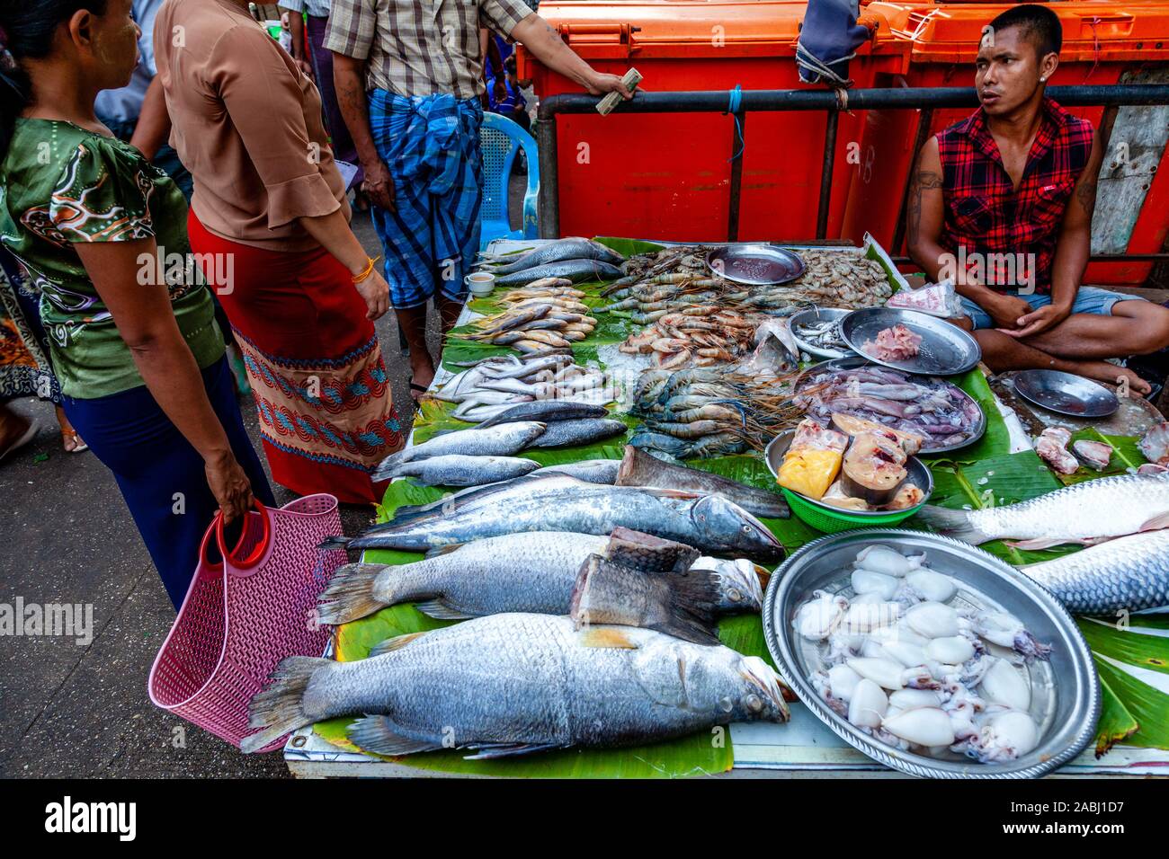 Local People Buying and Selling Fresh Fish and Seafood At The 26th Street Market, Yangon ...
