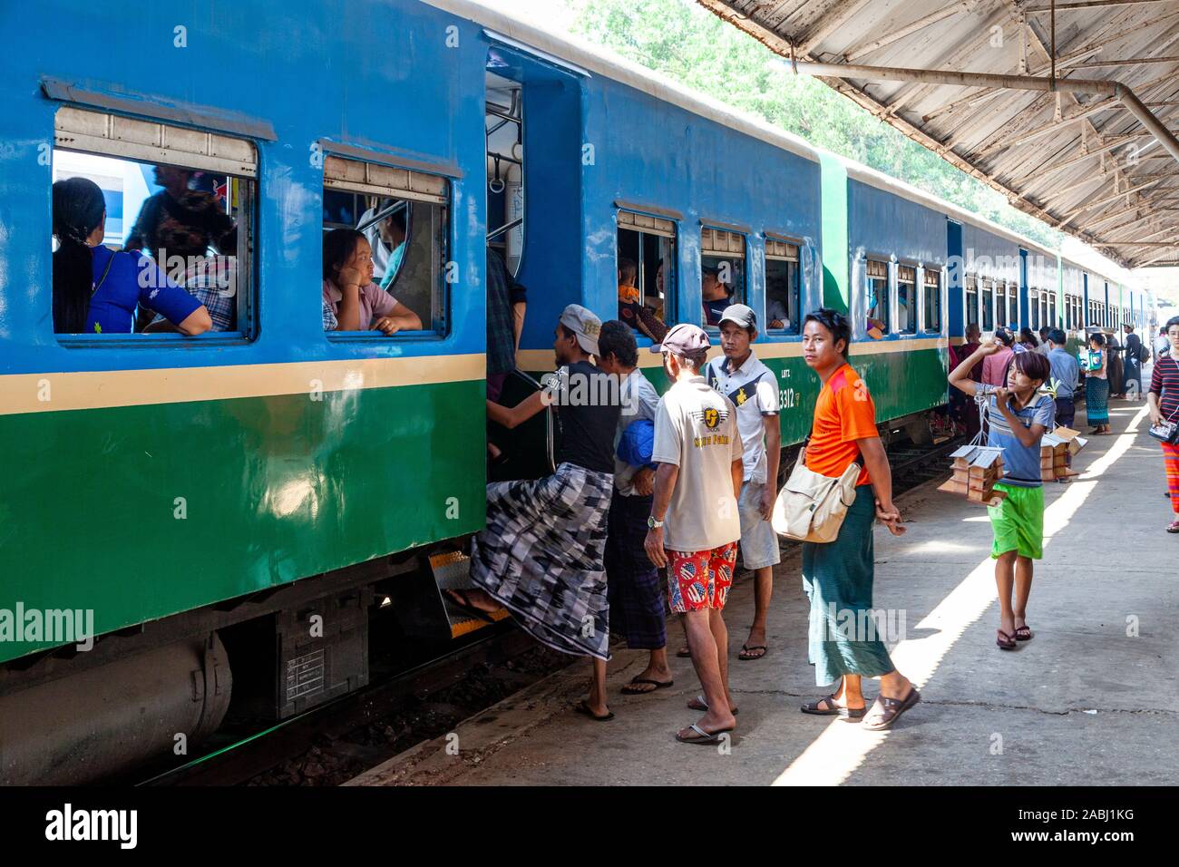 Local People Boarding The Yangon Circle Line Train, Yangon Railway ...