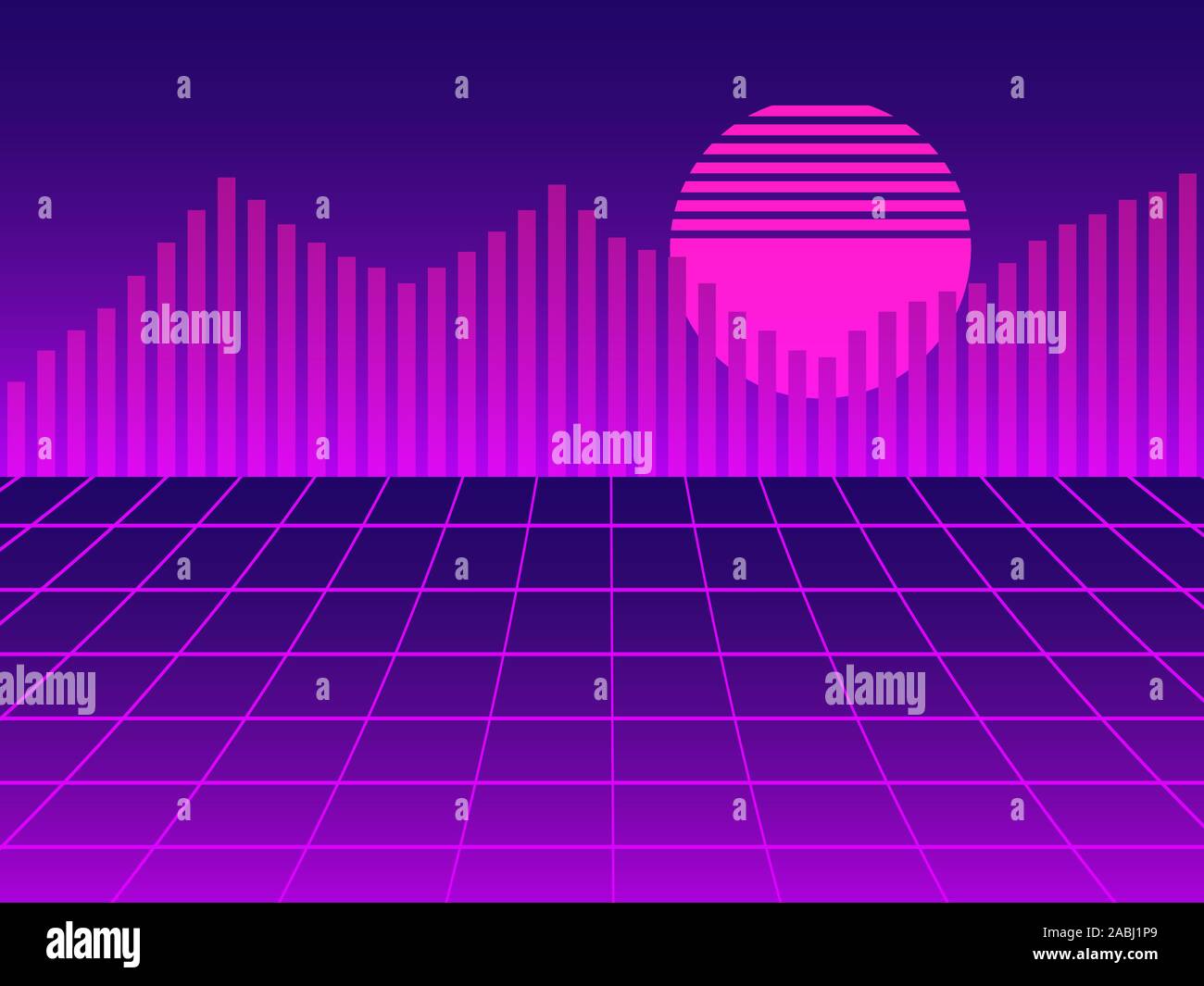 Virtual reality, cyberpunk landscape in the 80s style with a grid ...