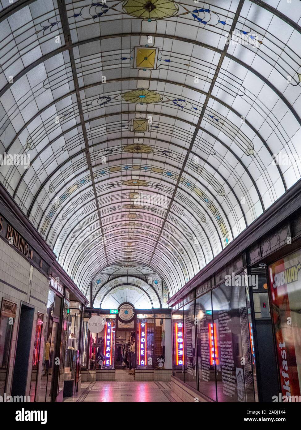 Arched stained glass lead light ceiling in retail shopping Cathedral ...