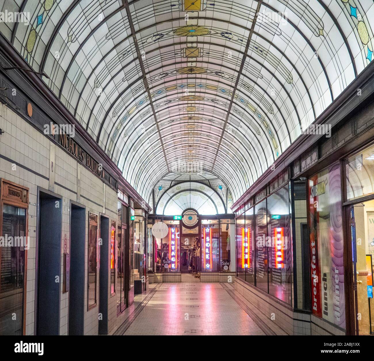 Arched stained glass lead light ceiling in retail shopping Cathedral ...