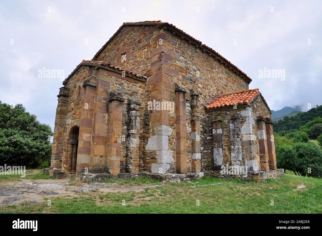 Exterior view of the 9th century Asturian pre-Romanesque church of ...
