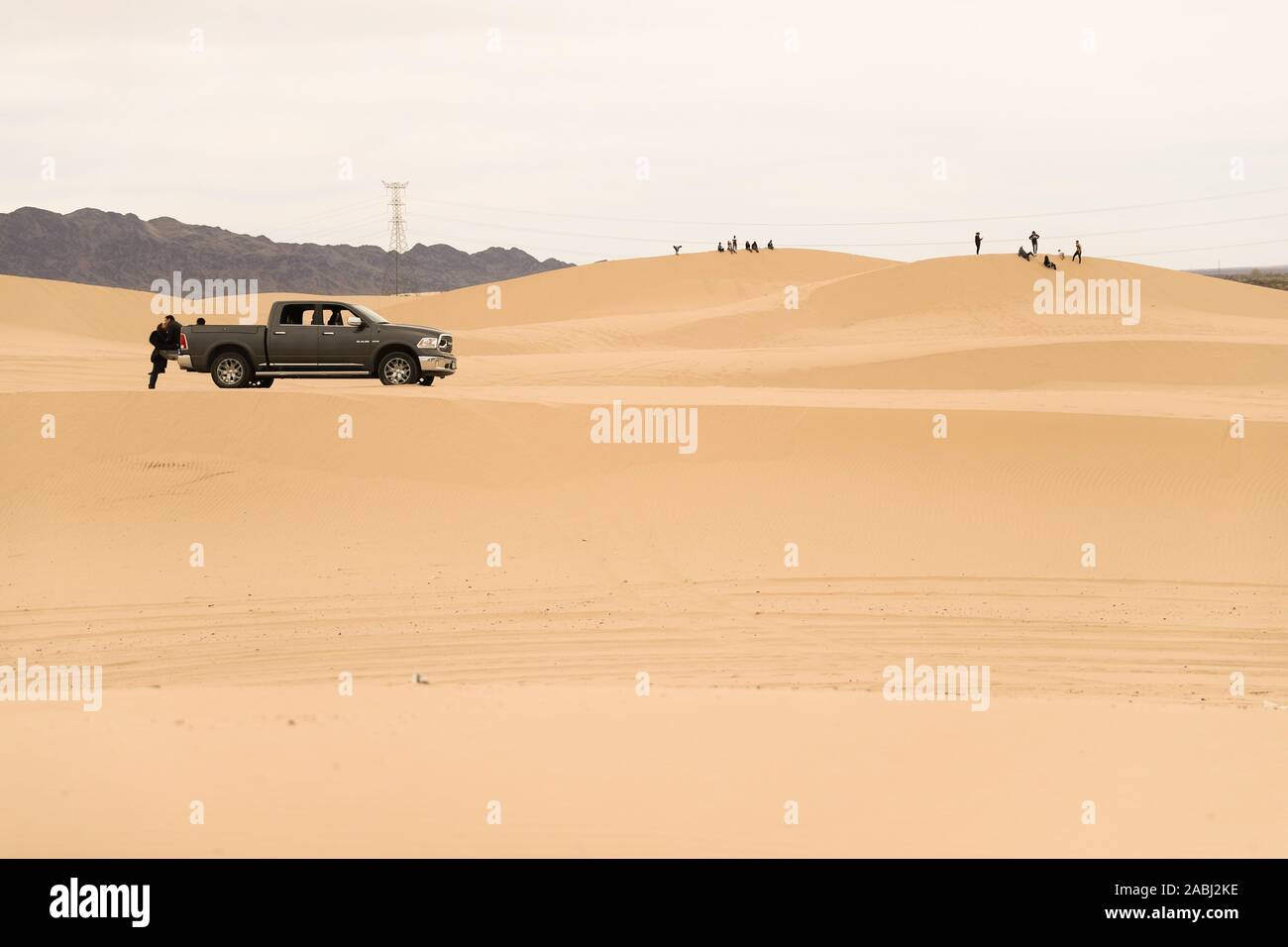 A pick up truck, Doge Ram Trucks in the sand dunes of the Samalayuca ...