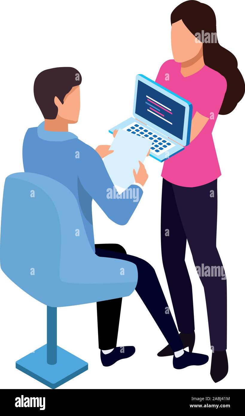 avatar woman showing a laptop computer and man sitting on a chair icon ...
