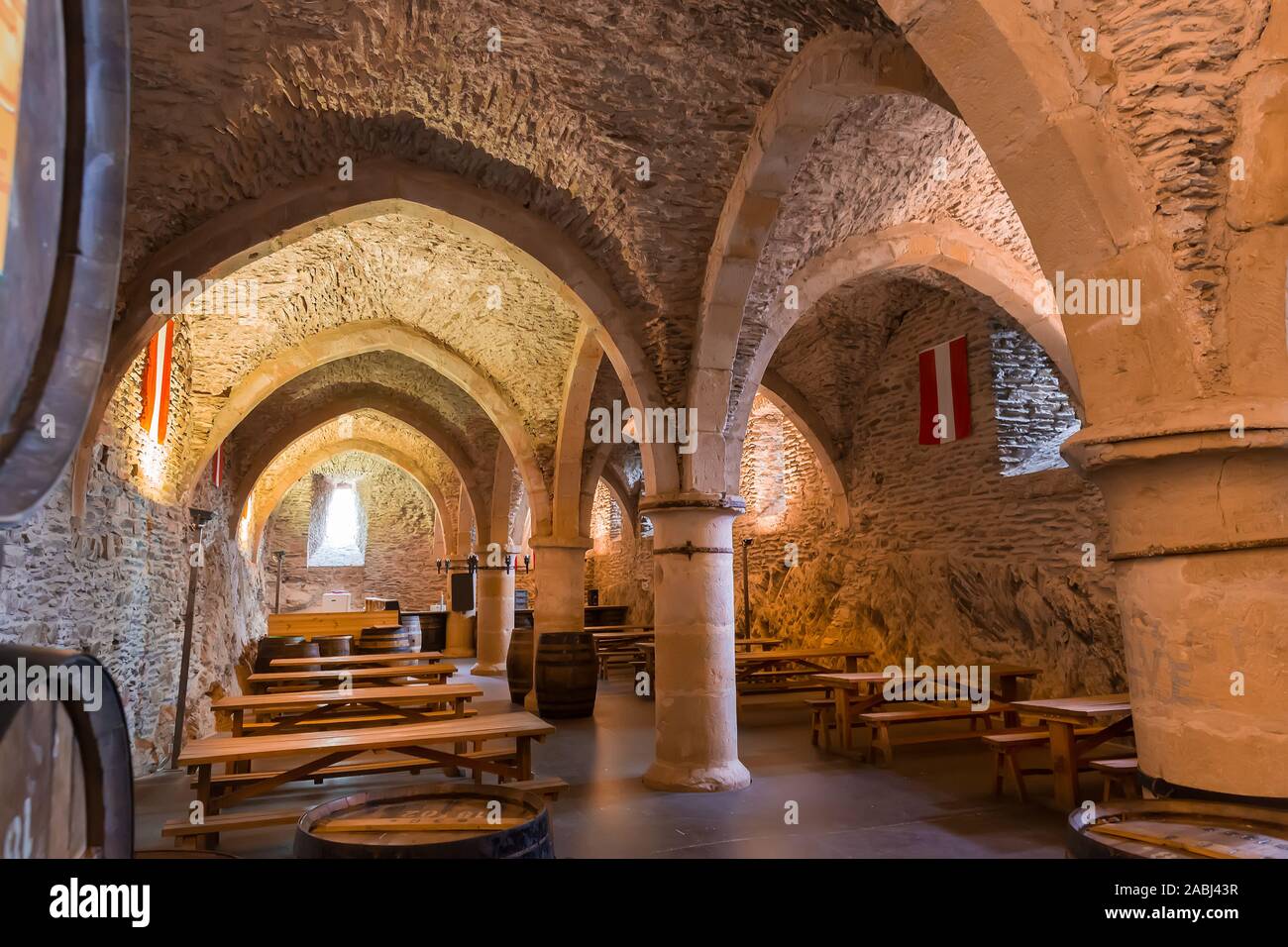 Ancient castle, hall with benches, old Europe Stock Photo - Alamy