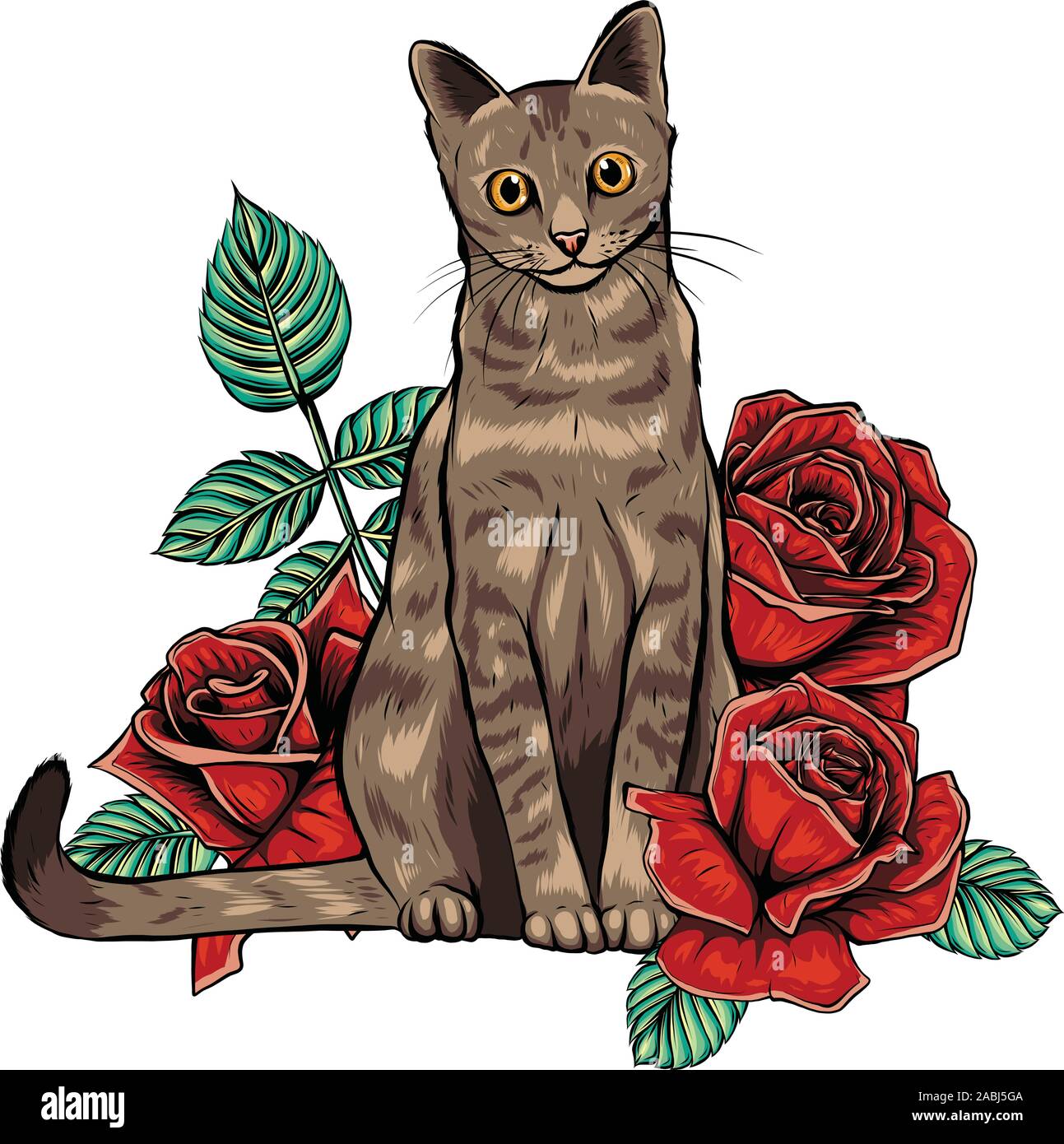 Vector Color Cat Roses Illustration on white background Stock Vector ...