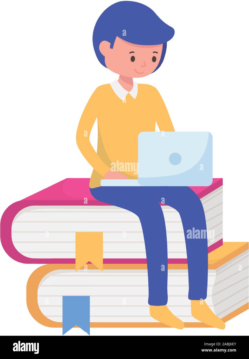 young man student with laptop books learning online vector illustration ...