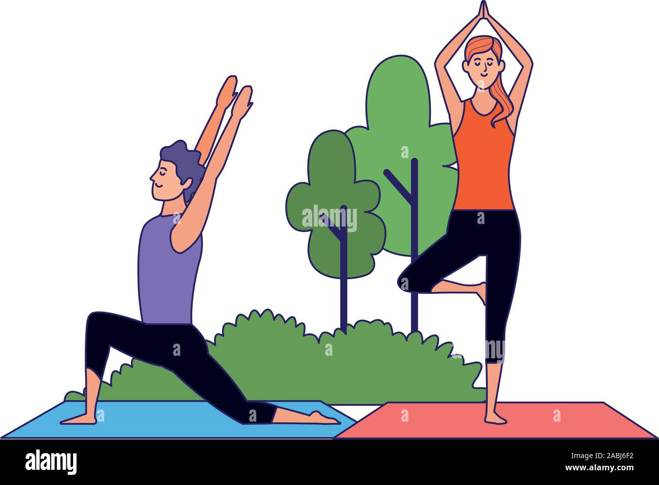 cartoon man and woman doing yoga poses at outdoors with trees Stock ...