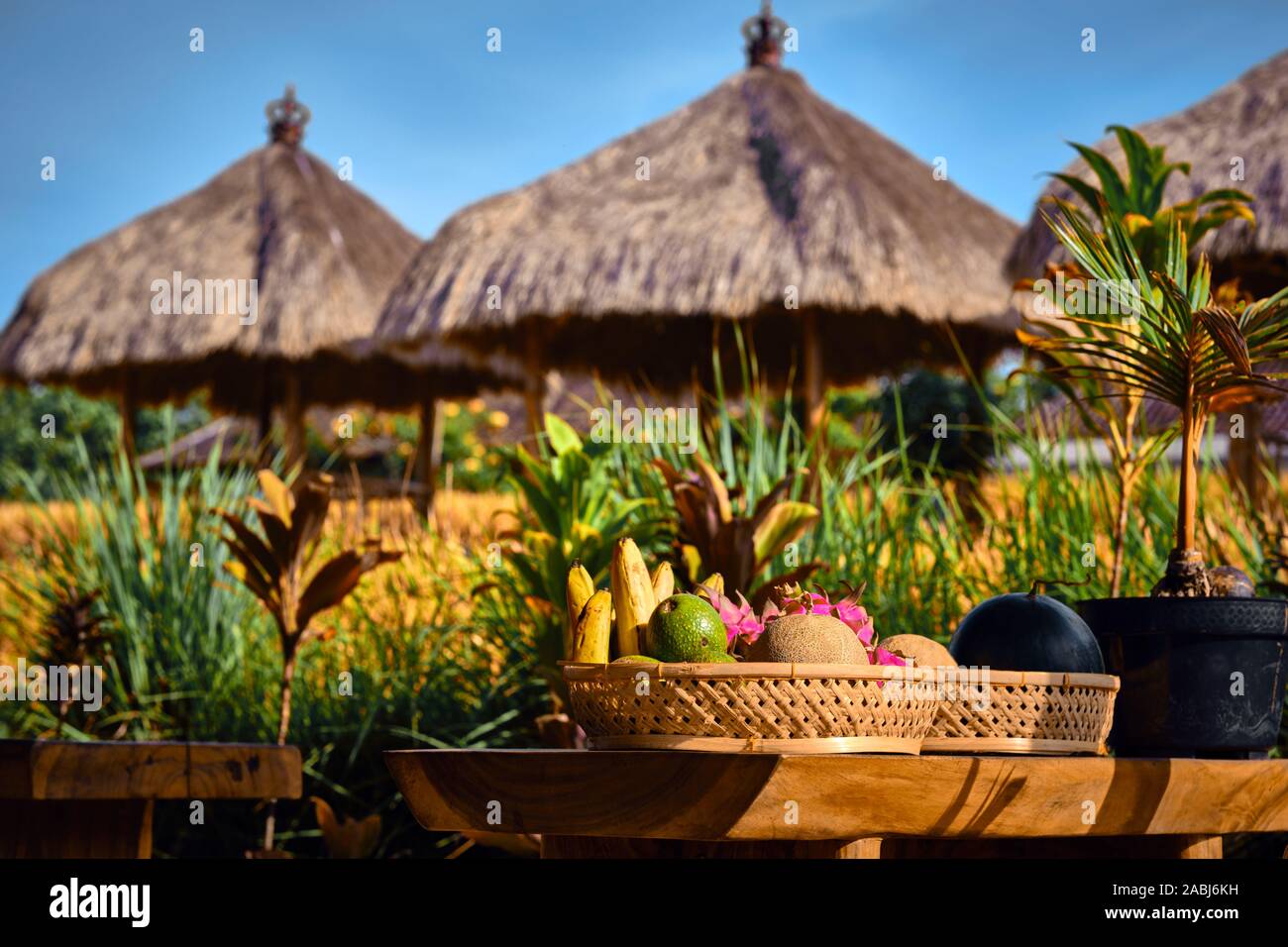 Interior of a traditional Balinese cafe in a rice field. Ubud, Bali ...