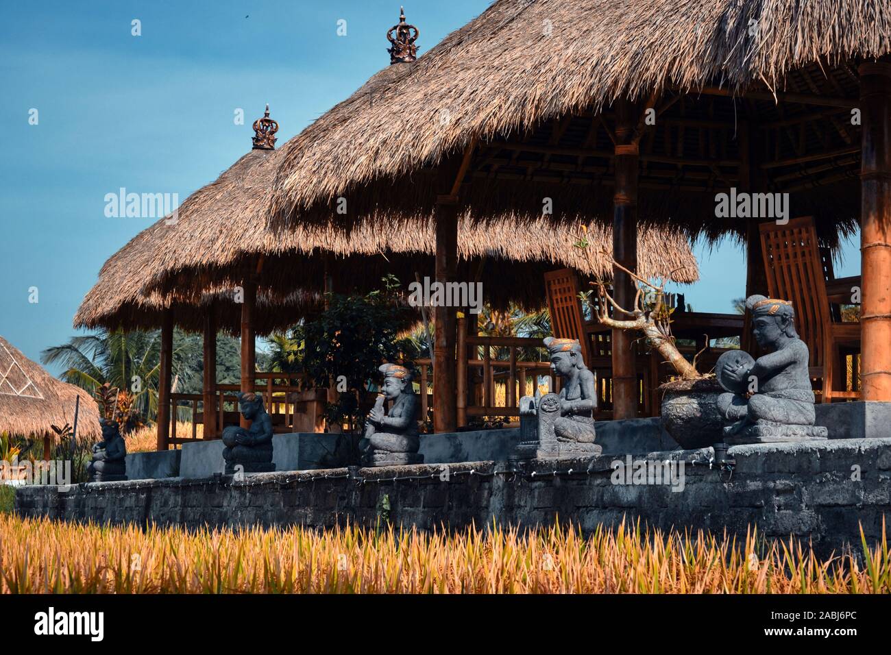 Interior of a traditional Balinese cafe in a rice field. Ubud, Bali ...